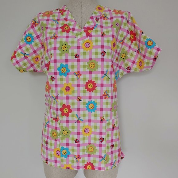 UA Scrubs | Tops | Ua Happy Scrubs Top Smile Flower Ladybug Small ...